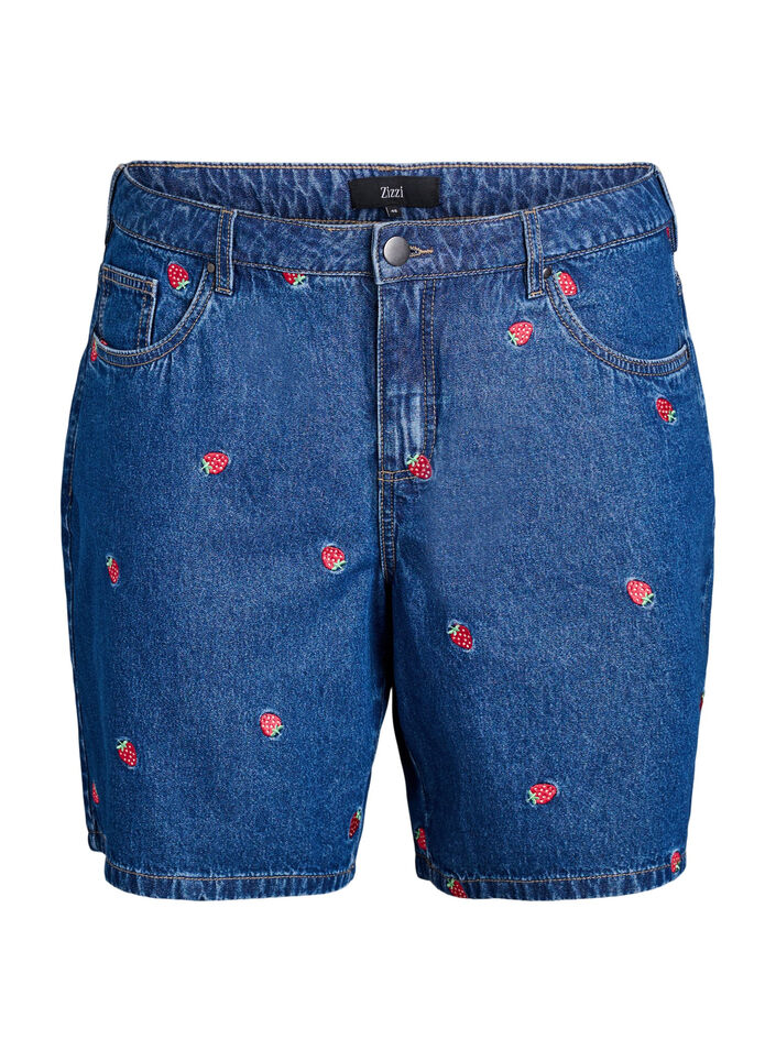 Dongerishorts med broderte blomster - Blå - Str. 40-64 - Zizzi