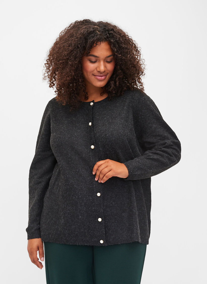 Kort melert strikket cardigan med perleknapper - Grå - Str. 42-64 - Zizzi