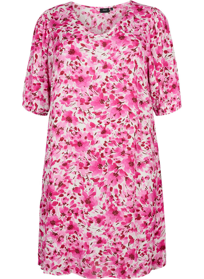Blomstrete Kjole I Viskose Med A Form Rosa Str 40 64 Zizzi