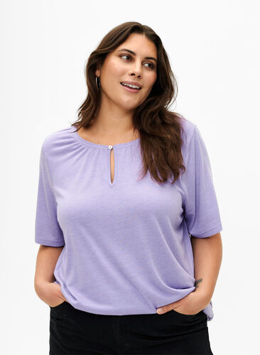 Melange Bluse med korte ermer - Lilla - Str. 40-64 - Zizzi