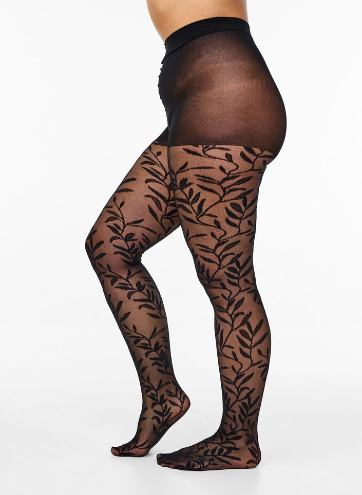 25 denier tights med bladmønster - Svart - Str. XL/XXL - Zizzi