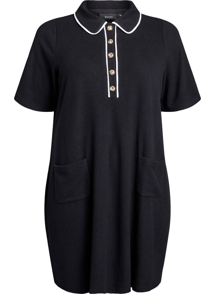 Kort kjole med poloskjorte krage og knapper - Svart - Str. XL - Zizzi