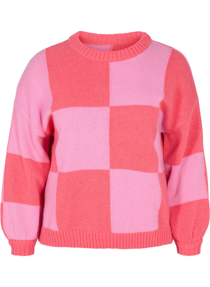 Rutete strikkegenser - Rosa - Str. 40-64 - Zizzi