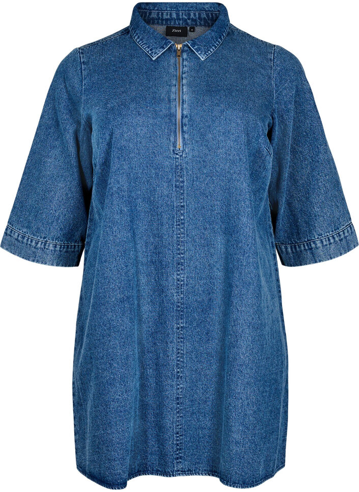 Kort denimkjole med glidelås og 3/4 ermer - Blå - Str. XL - Zizzi